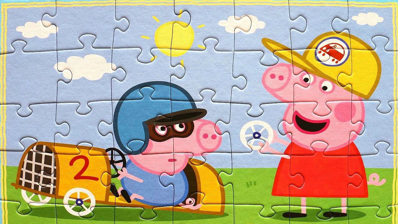 Peppa Pig and George participate in car races - jigsaw puzzle for kids ...