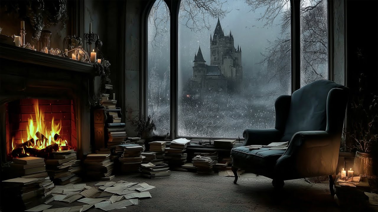 Dark Academia Fireplace Ambience | Snow Castle, Candlelight & Soft ...