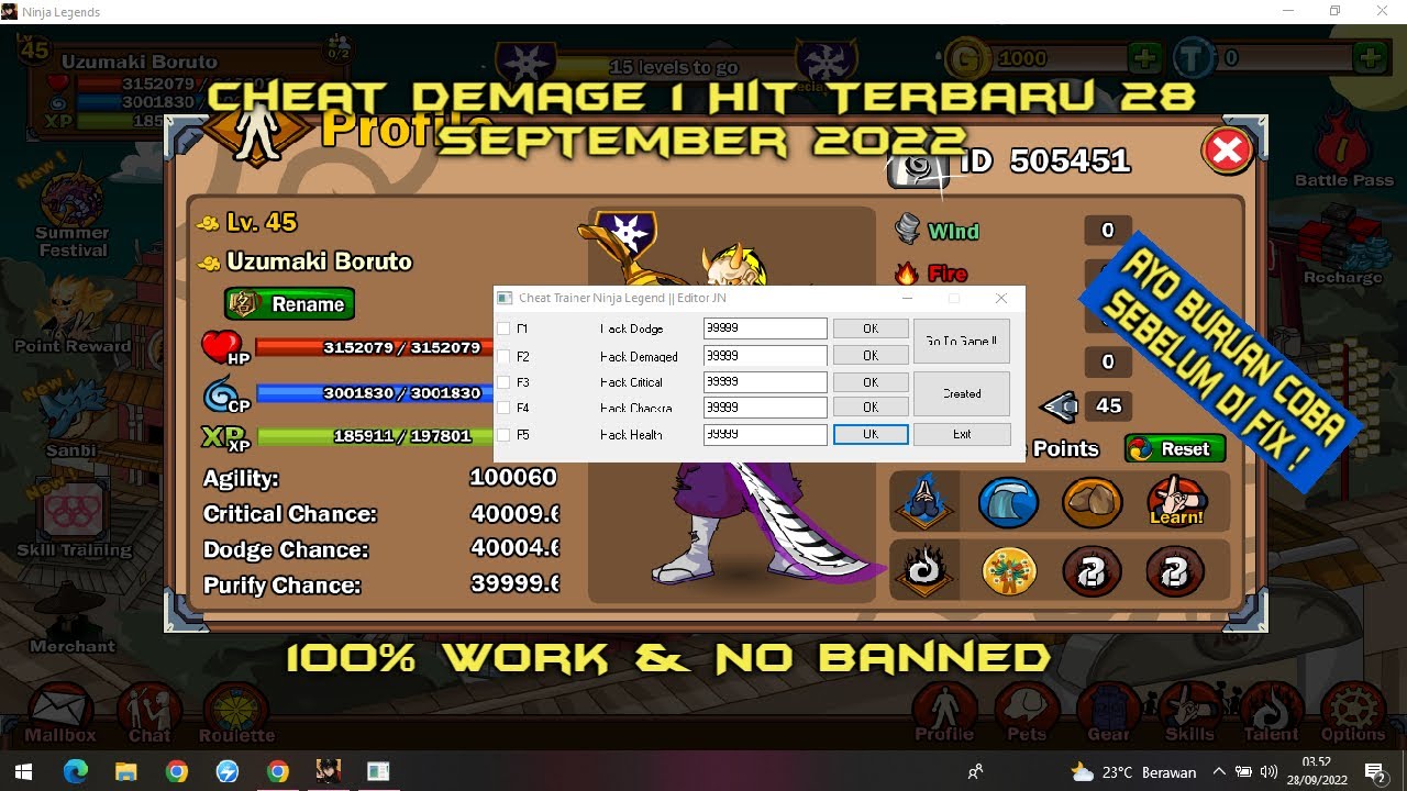 TUTORIAL CHEAT DAMAGE 1 HIT PAKE TRAINER DI NINJA LEGENDS ANTI KE BANNED | MUDAH !!! - YouTube