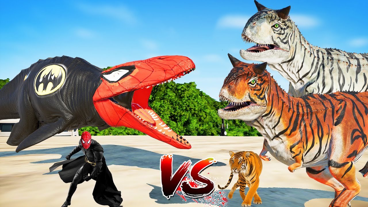 (Jurassic World Evolution🌍) Tiger Carnotaurus vs Batman Mosasaurus ...