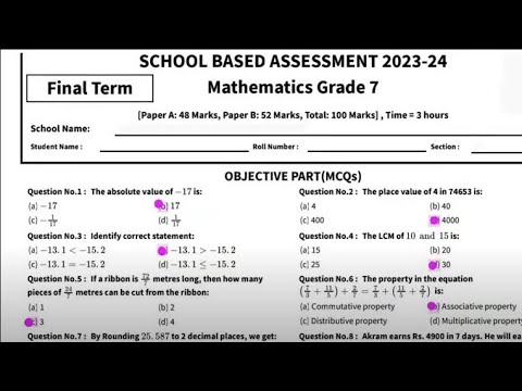Grade 7 Mathematics paper Final term (SBA) School based assessment 2024 ...