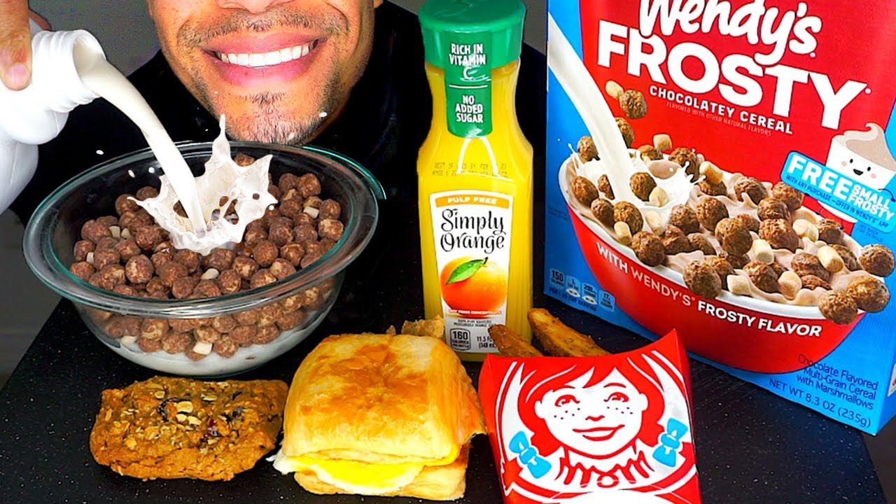 ASMR WENDY'S BREAKFAST FROSTY CEREAL CHALLENGE EATING SHOW MOUTH SOUNDS ...