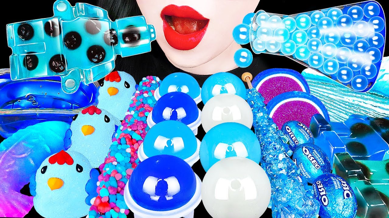 ASMR BLUE DESSERTS 파란색 디저트 신기한 음식 먹방 BOBA LEGO GALAXY KOHAKUTO JELLY ...