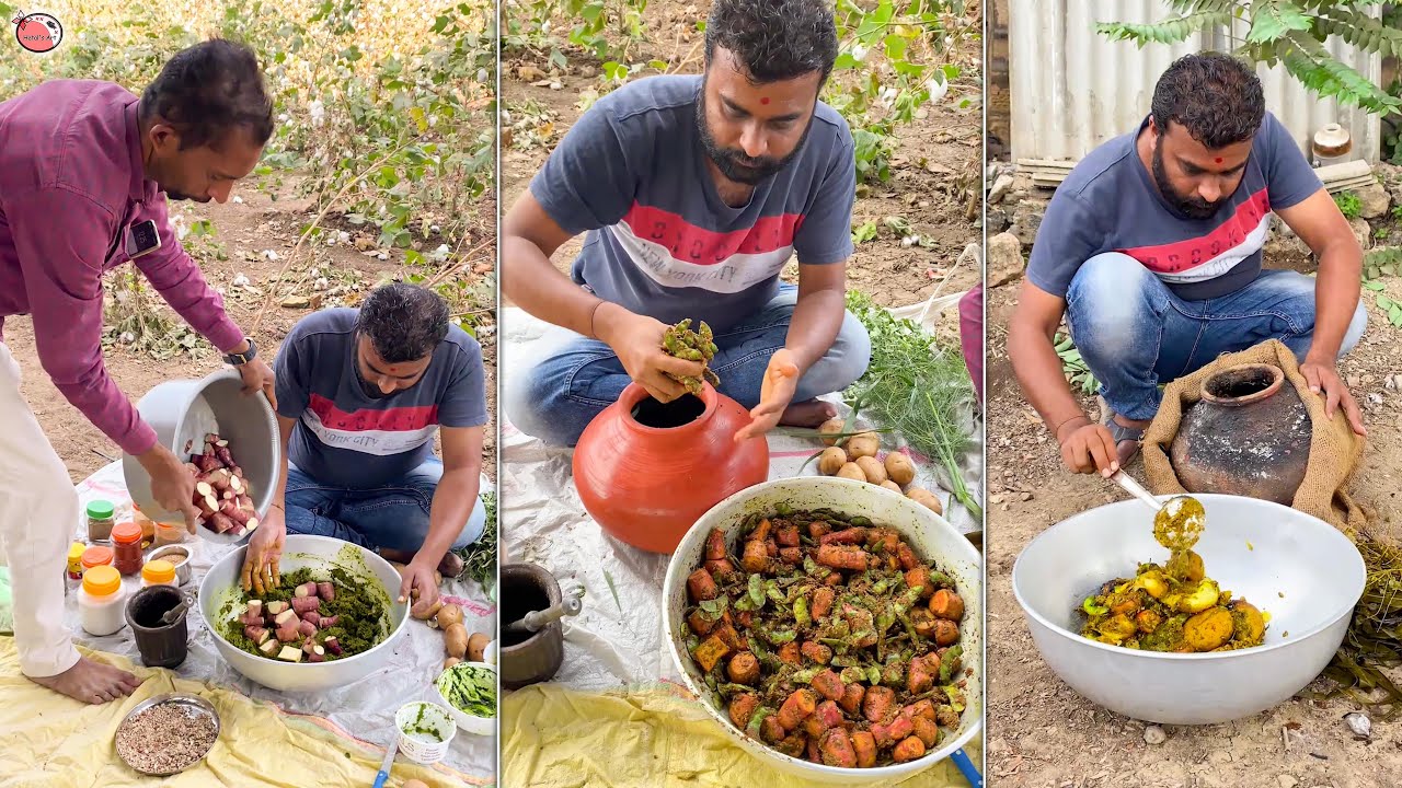 Traditional Dish Ubadiyu Cooked Over Cow Dung Cakes - YouTube