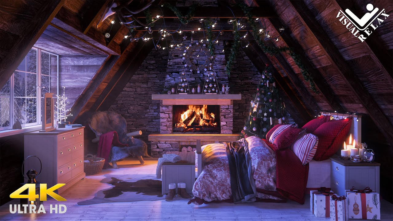 4K Winter Christmas Screensaver 02 - Snow falling, Fire crackling ...