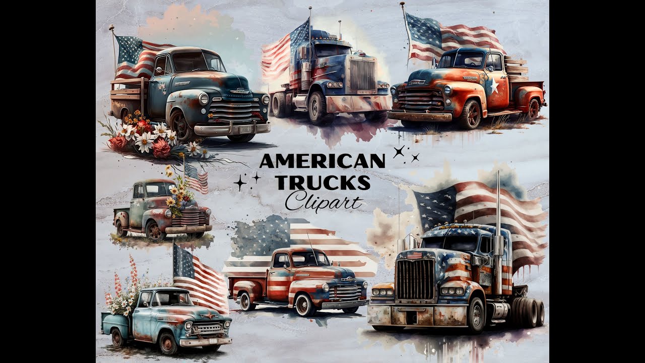 American 4th Of July Truck, American Trucks Watercolor Clipart For ...