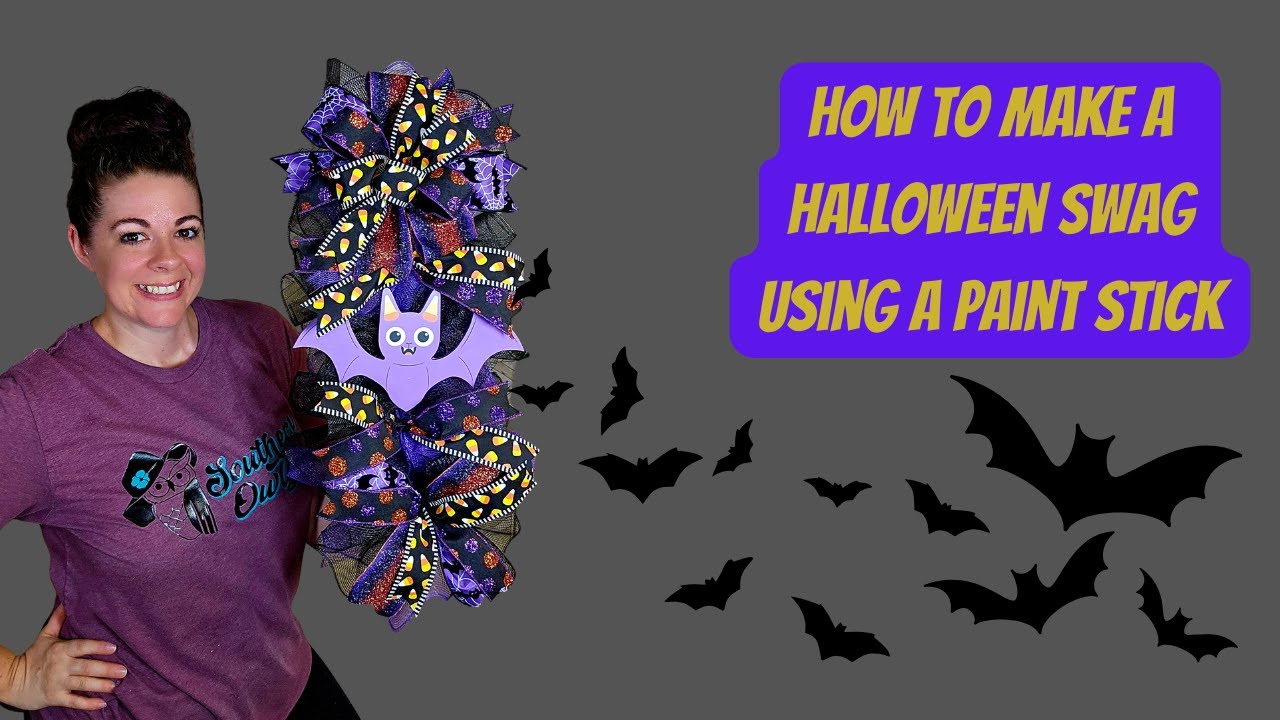 How to make a Halloween swag using a paint stick, mesh, ribbon, and a ...