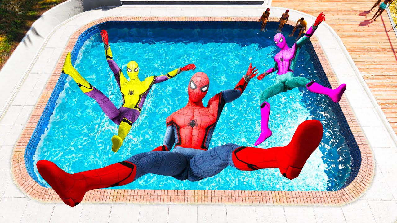 GTA 5 Rainbow Yellow Vs Red & Pink Spiderman Jumping Into Pool ...