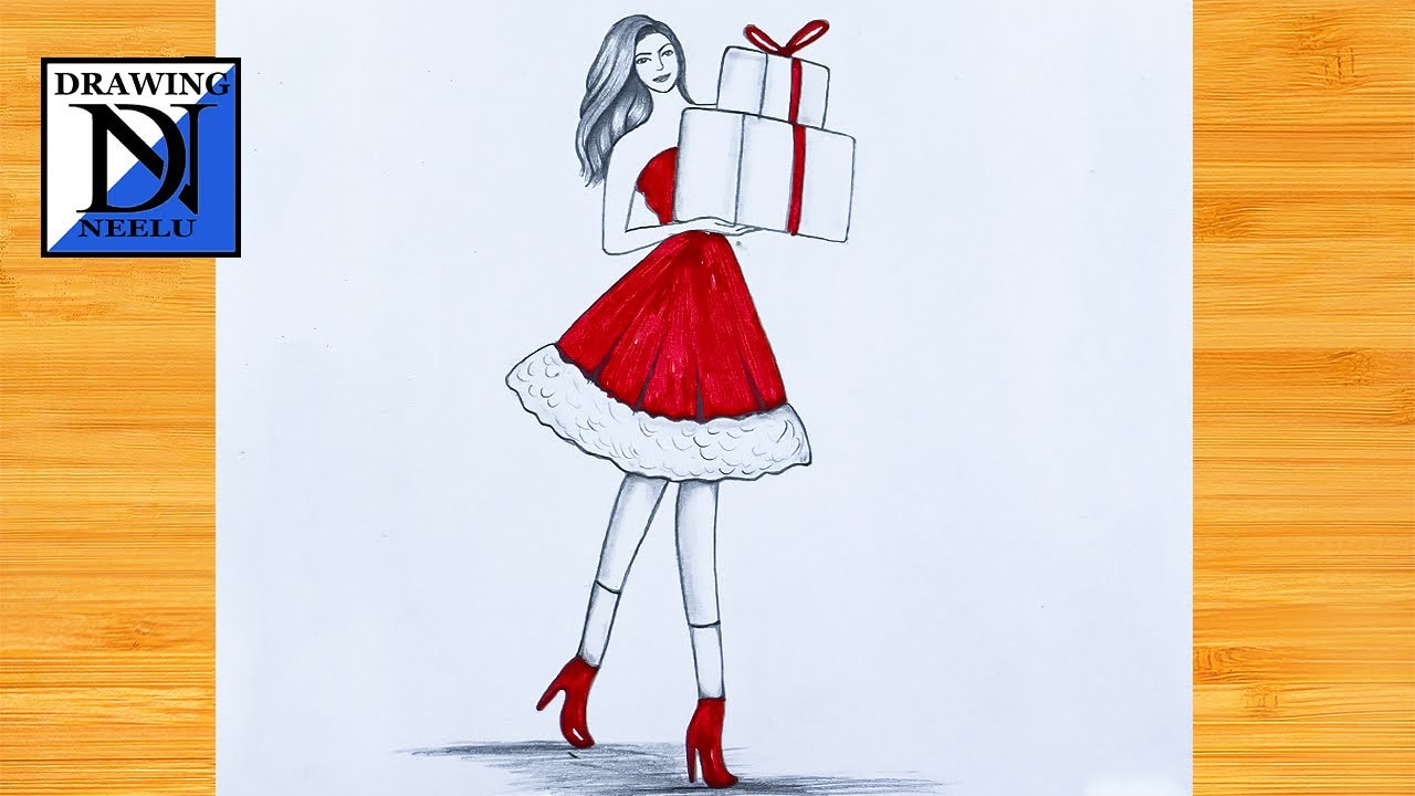 How to draw a girl celebrate Christmas | Very easy pencil drawing ...