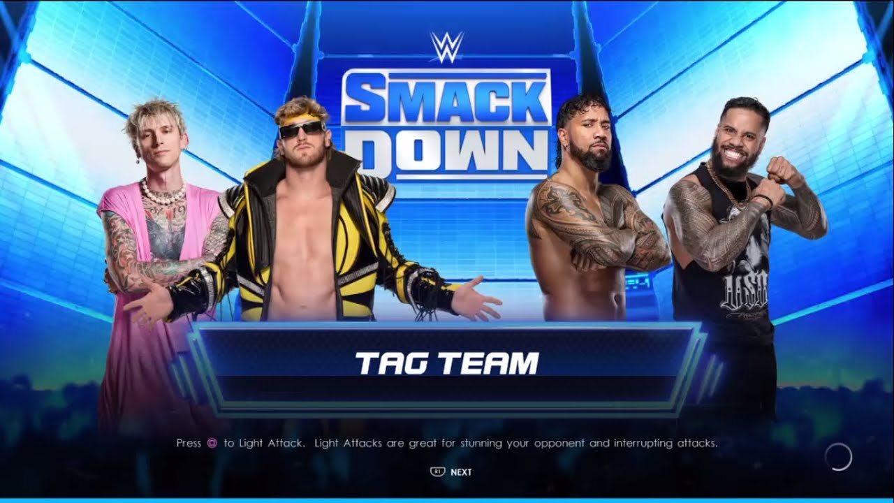 LOGAN PAUL AND MACHINE GUN KELLY VS THE USOS WWE 2K22 GAMEPLAY - YouTube