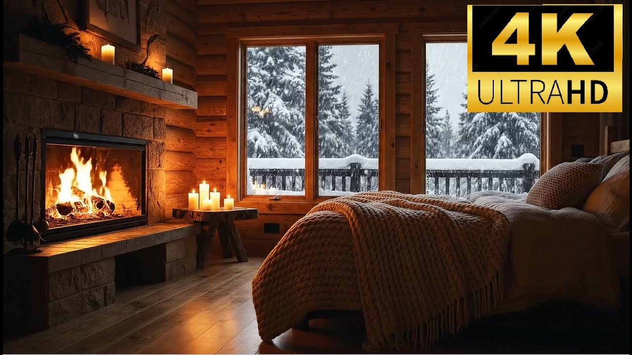 Cozy Winter Cabin Ambience Crackling Fireplace, Snowfall View, Relaxing ...