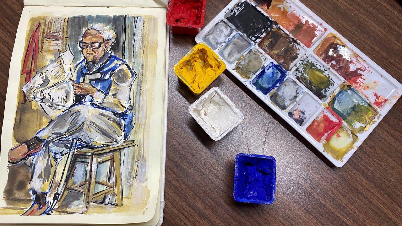 Gouache painting : an old man reading newspaper | Figure painting in ...