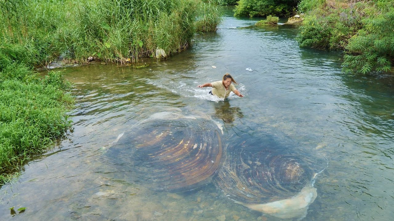 The girl discovered the clams being hugged, with pearls emitting a ...