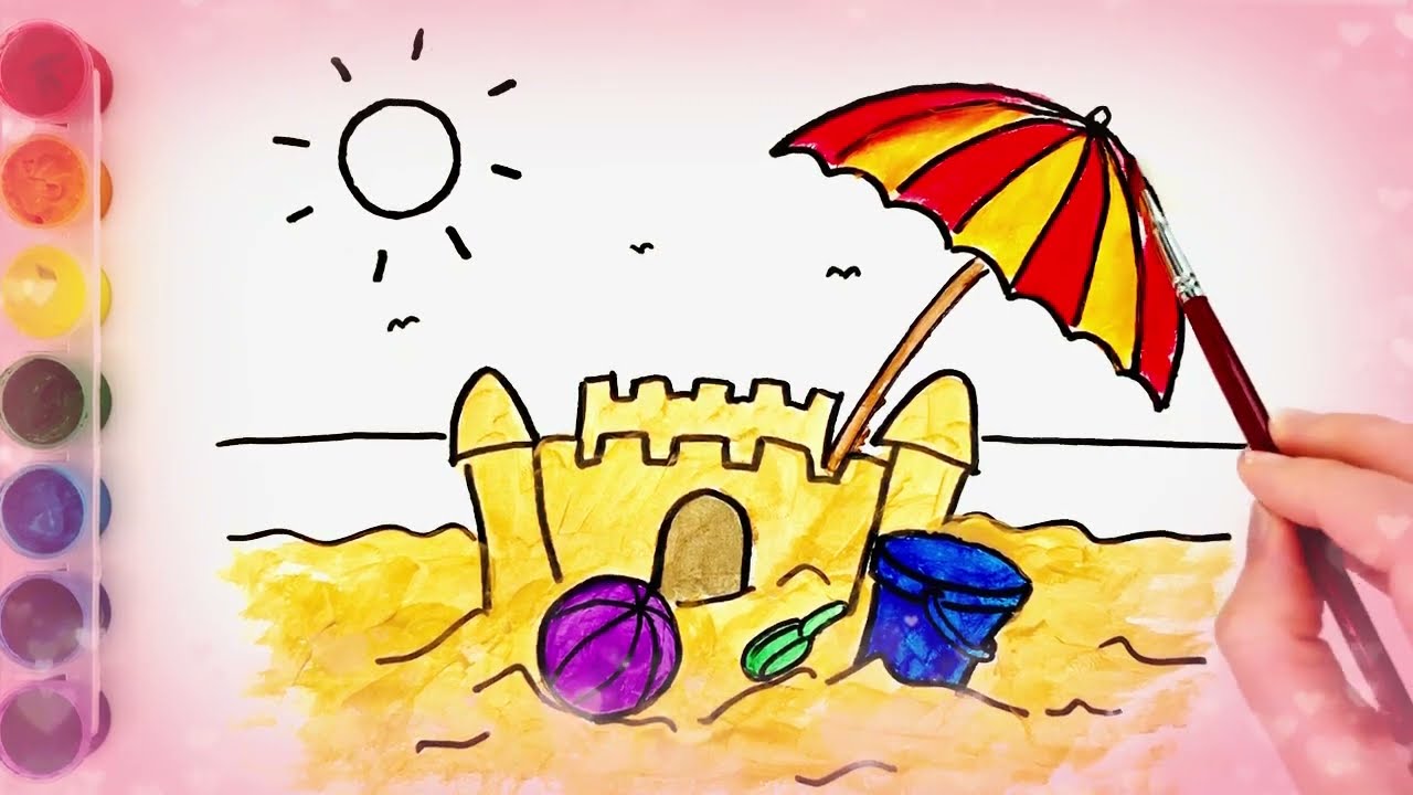 Draw and color a SANDCASTLE built on the beach 🏖 so amazing watercolor ...