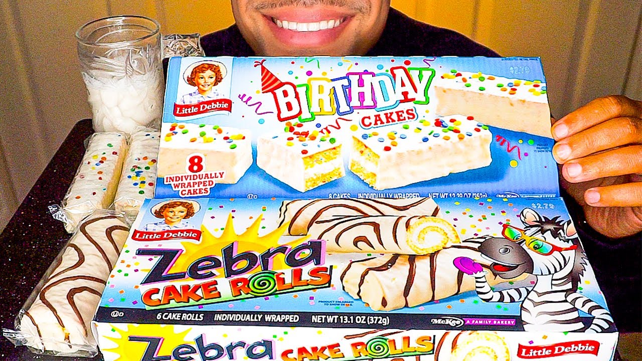 ASMR Birthday Little Debbie Zebra Cake Rolls Eating Mouth Sounds No ...