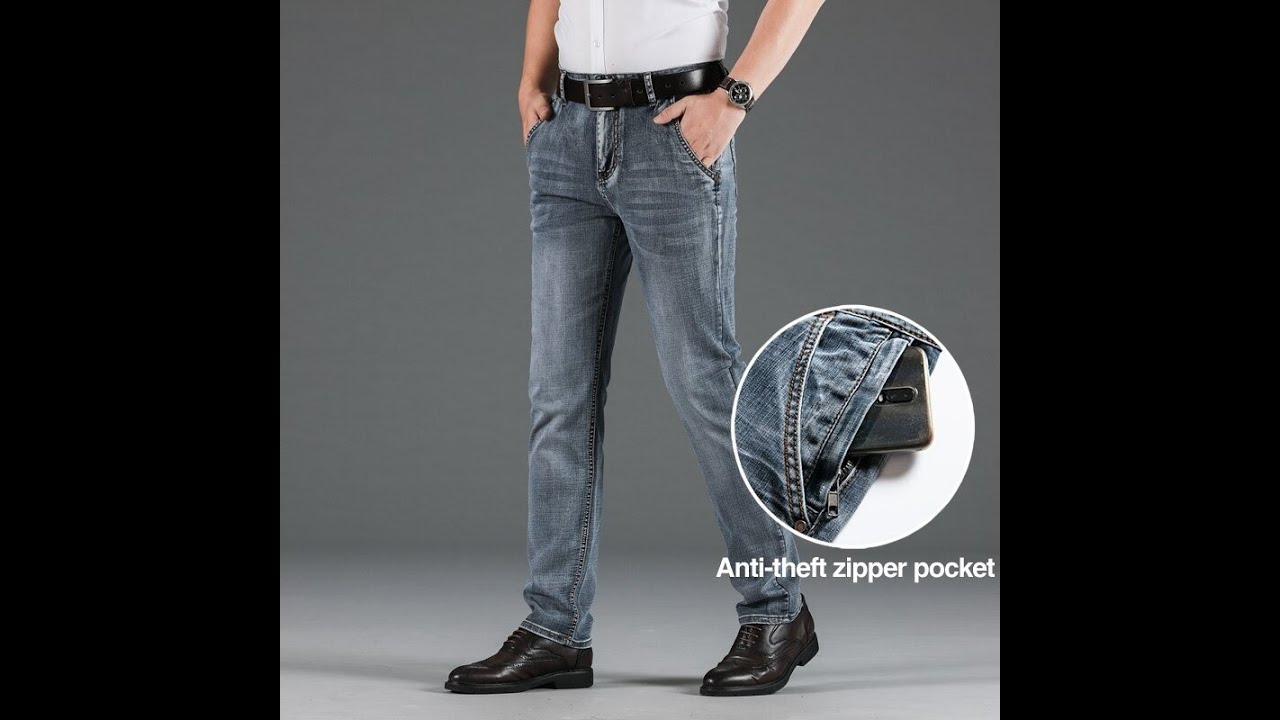 New Classic Style Blue-grey Slim Jeans Anti-theft Zipper Cotton Elastic ...