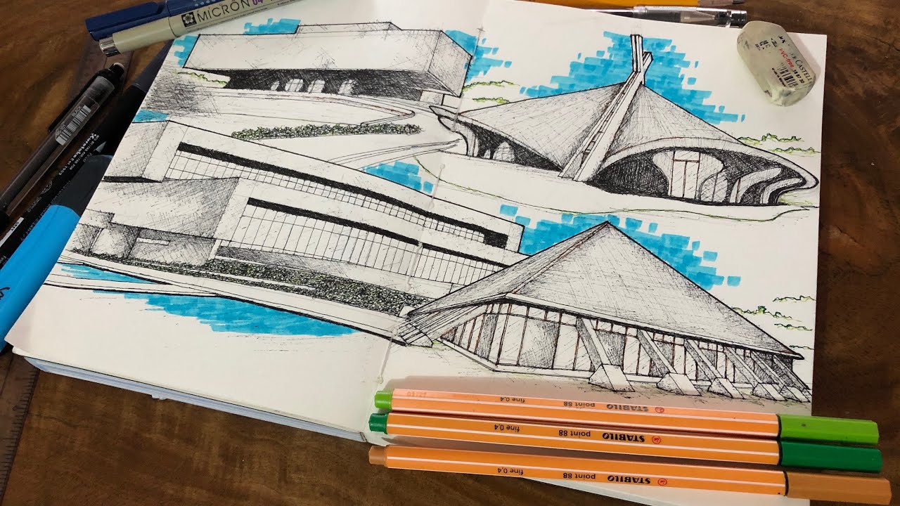 Leandro Locsin’s most notable works sketched, timelapse - YouTube