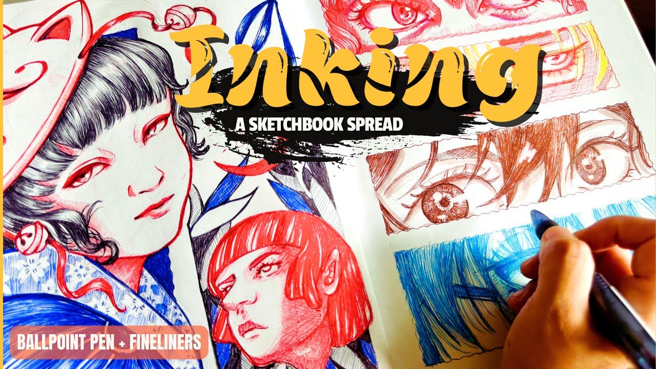 How to fill a sketchbook - inking a page spread with ballpoint pens ...
