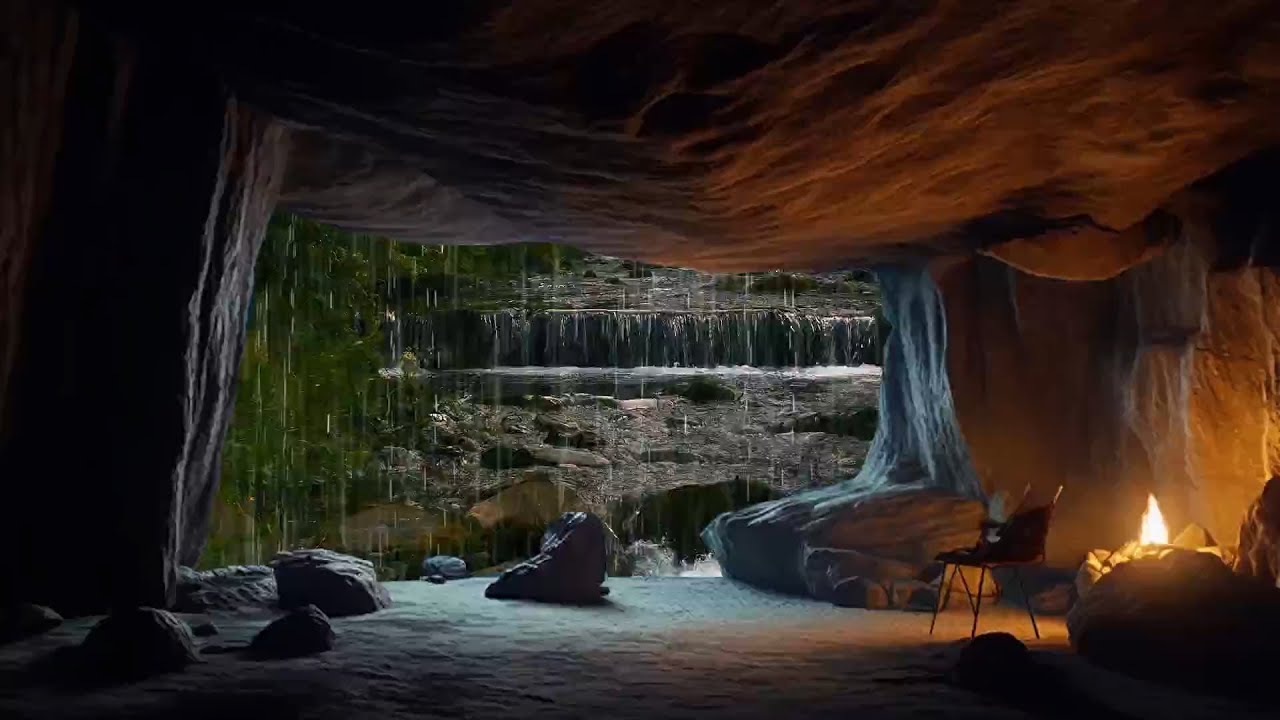 Relaxing Rainy Cave Retreat Bonfire Crackling for Restful Sleep and ...
