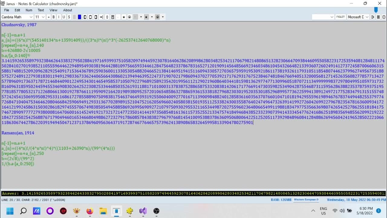 Chudnovsky And Ramanujan Algorithms Through My Program Slow Improvement Youtube