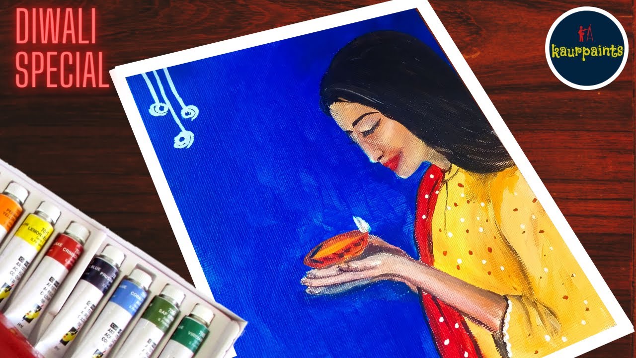 How to paint lady with Diya 🪔 | Diwali special acrylic painting ...