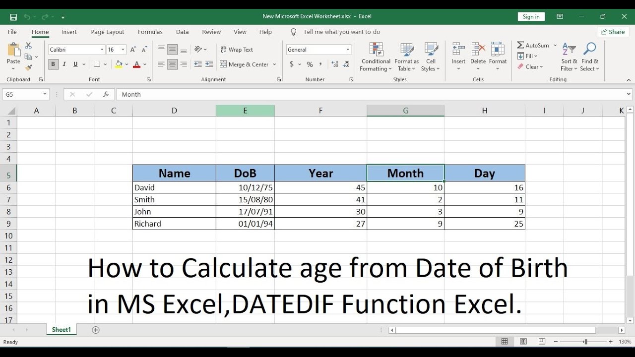 How To Calculate Age From Date Of Birth In Ms Excel। Datedif Function