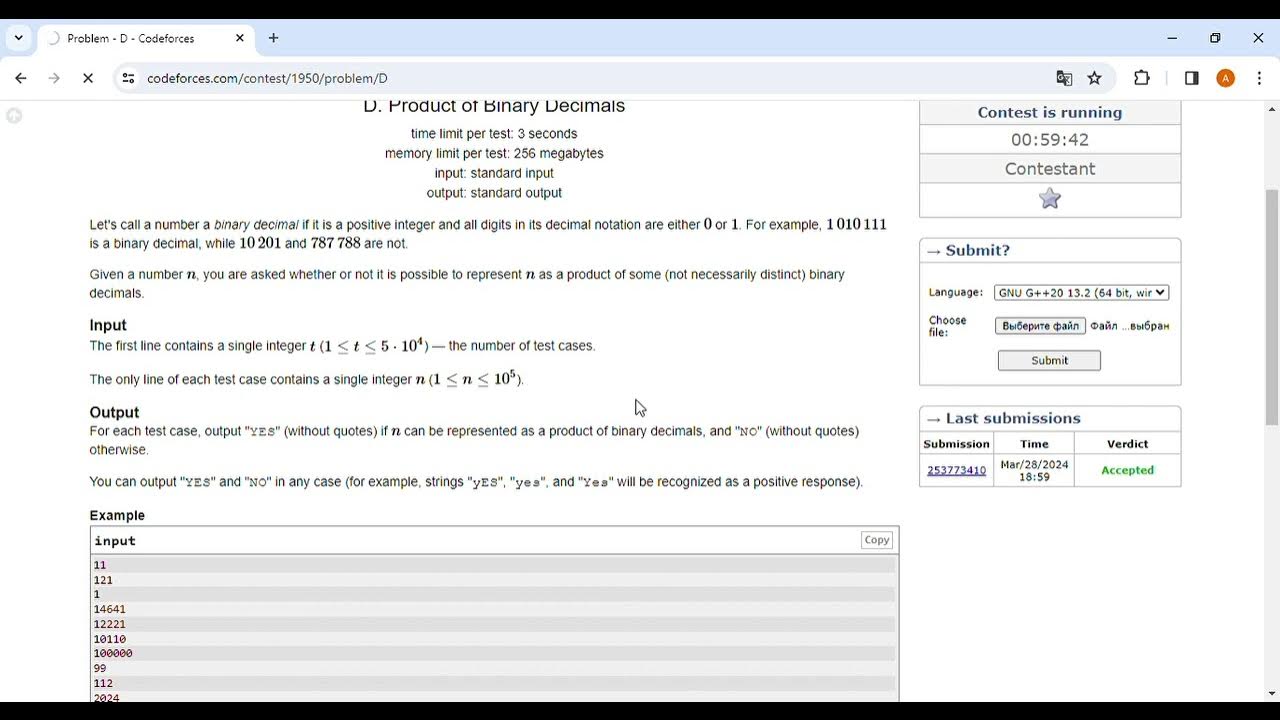 Codeforces Round 937 (Div. 4) D. Product of Binary Decimals Full AC - YouTube