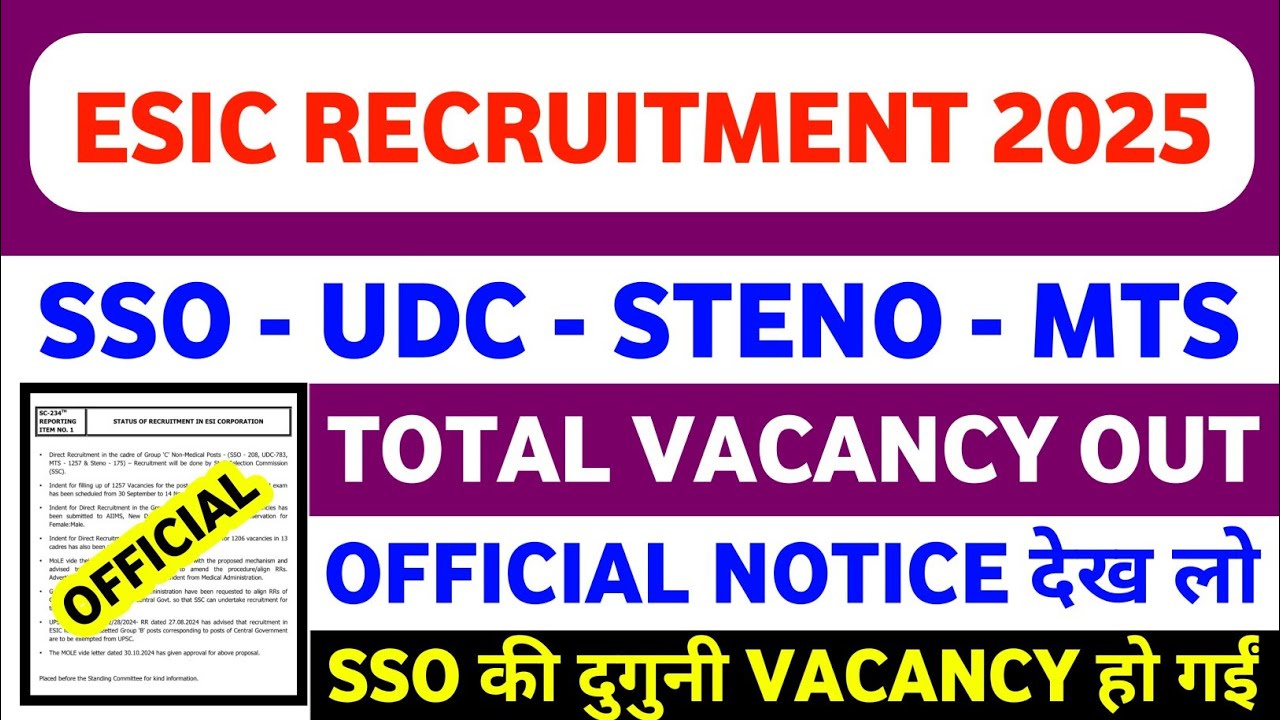 ESIC SSO/UDC/MTS/Steno Vacancy 2024 Out️‍🔥️‍🔥 || Total Number Of Seats ...