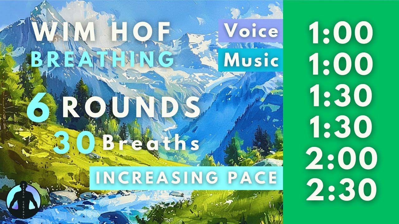 WIM HOF Guided Breathing | 30 Breaths 6 Rounds Increasing Pace | Up to ...