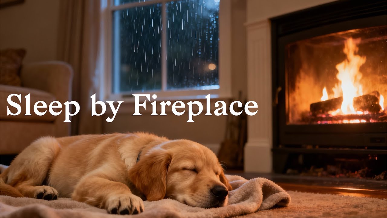 Sleeping Puppy by Fireplace with Rain | Cozy Sleep Ambience - YouTube