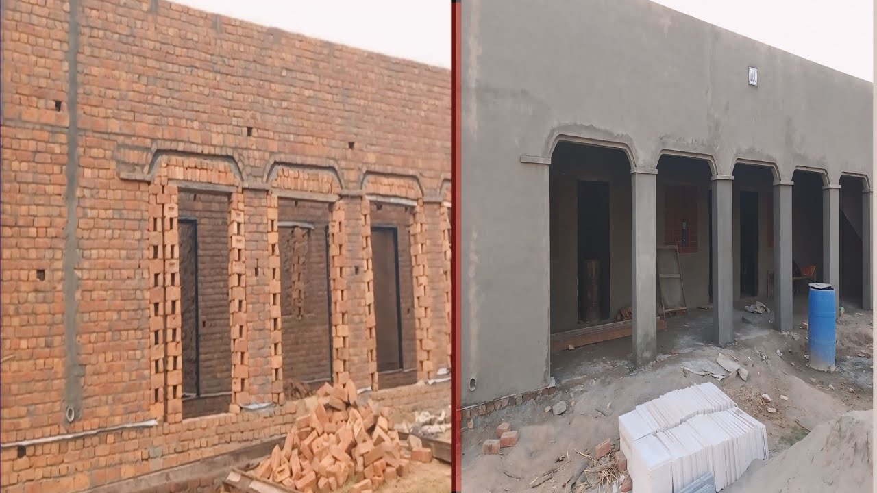 Low Cost Technique To Plaster House Front | Red Bricks Wall Plastering ...