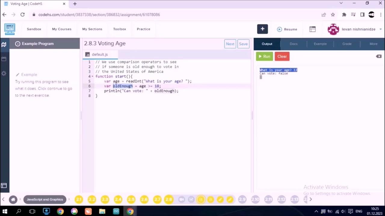 JavaScript სავარჯიშო 2.8.3 / Voting age / codehs.com პლატფორმა / ლევანი ...