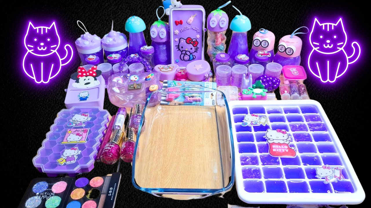 ASMR Slime Purple'Kitty"|Mixing Makeup,Beads into Glossy Slime|Most ...