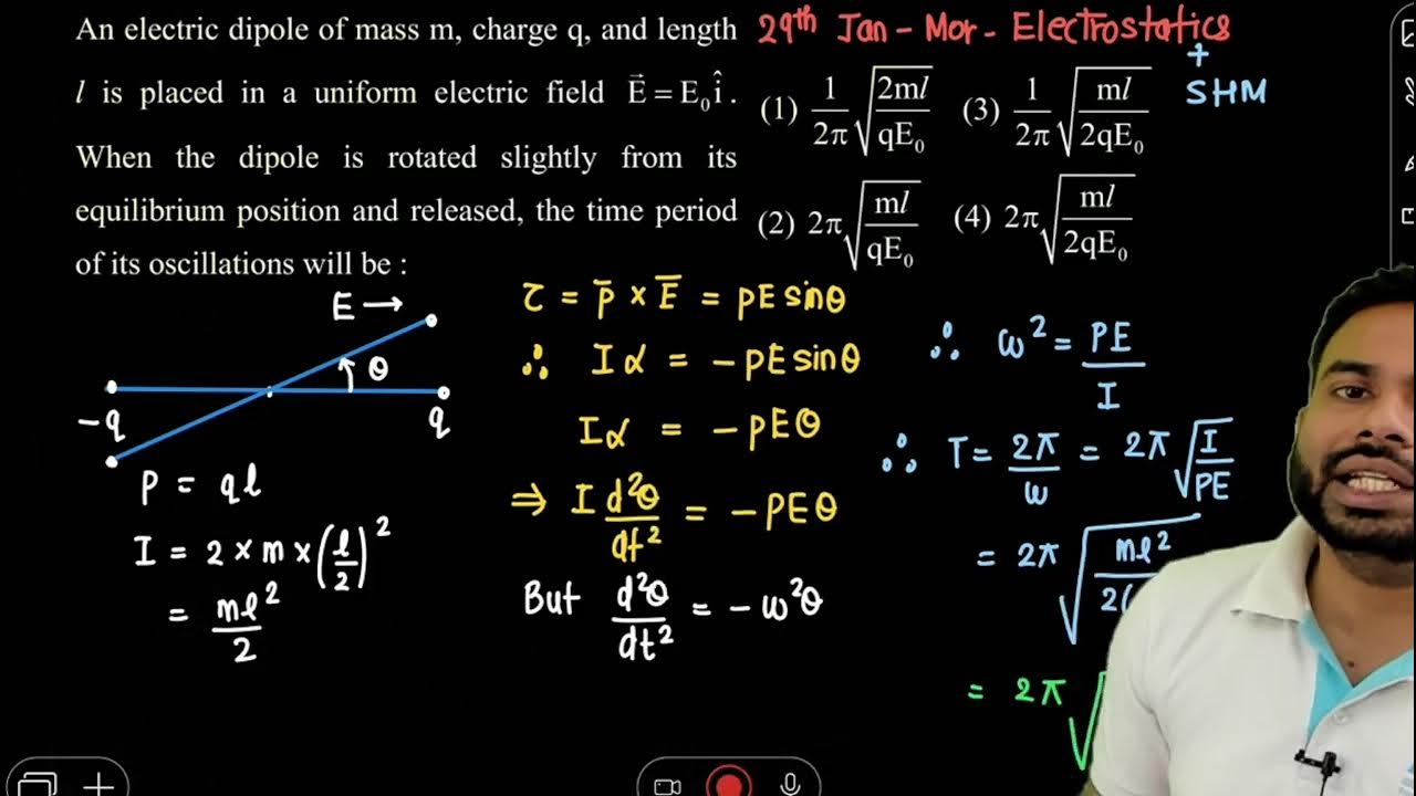 An electric dipole of mass m, charge q, and length l is placed in a uniform electric field E ...