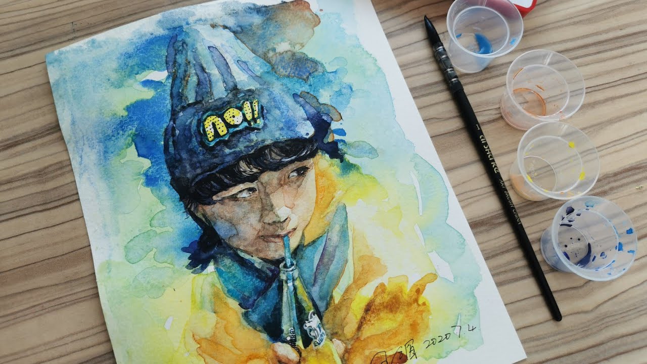 Water color painting Girl drinking a drink - YouTube