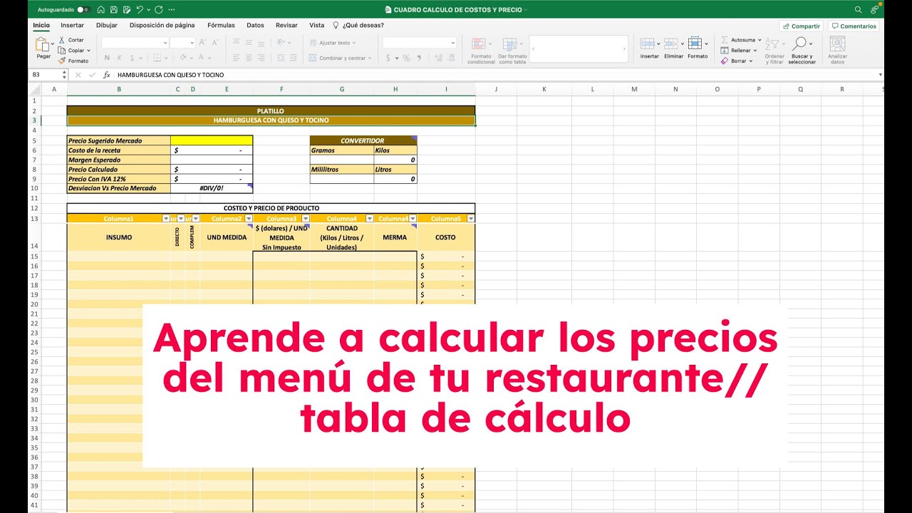 Aprende a calcular los precios del menú de restaurante // tabla de ...