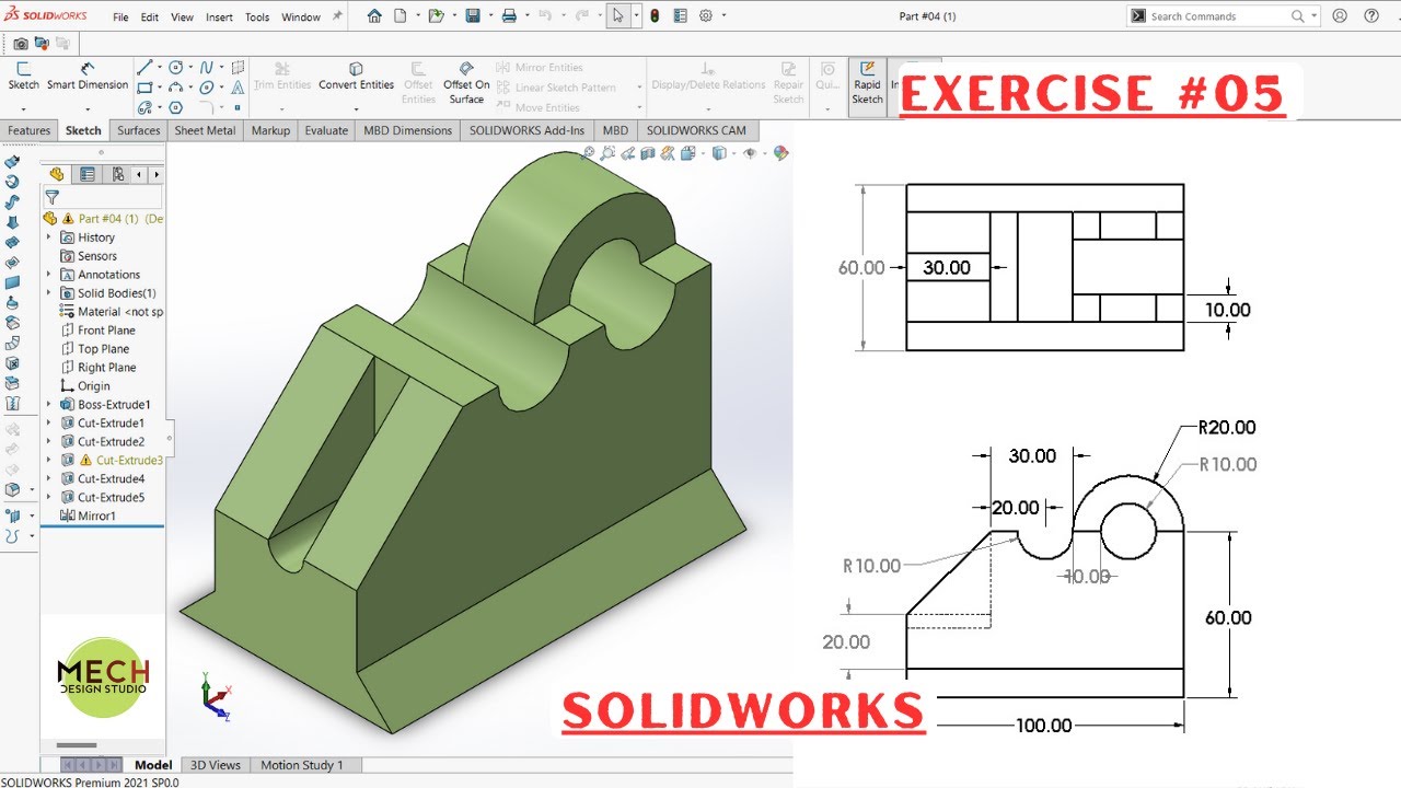 SolidWorks Exercise #05 | Learn 3D Modeling with Detailed Dimensions ...