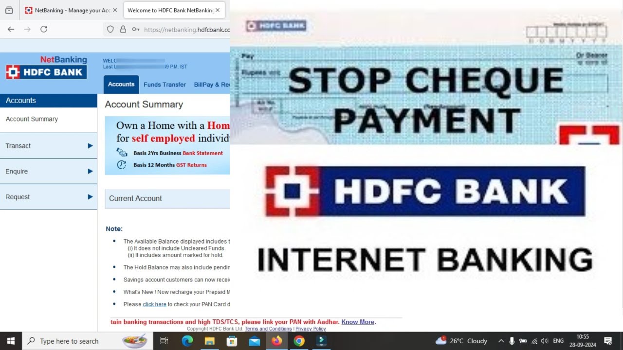 How to stop cheque payment online through HDFC Netbanking - YouTube