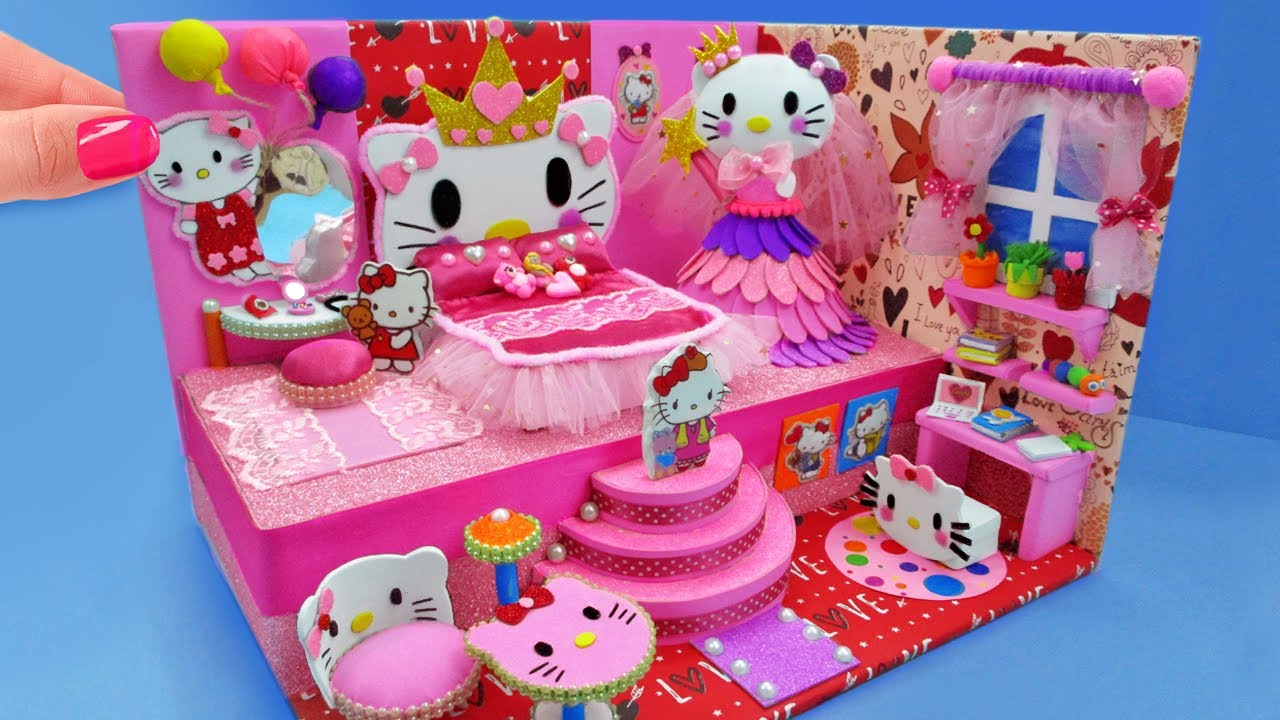 DIY Miniature Hello Kitty Dollhuse ~ How to make a Cute Pink room - YouTube