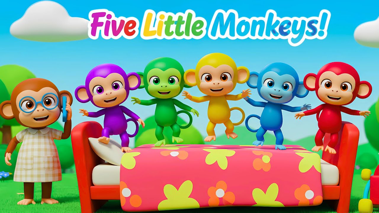 "Five Little Monkeys Jumping on the Bed 🐒 | Funny 3D Cartoon Nursery ...