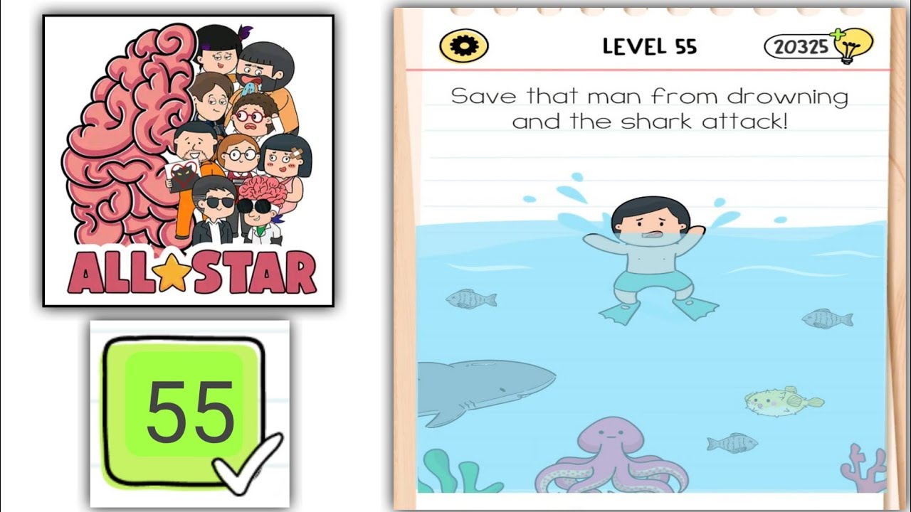 Brain test All Star level 55 Save that man from drowning and the shark ...