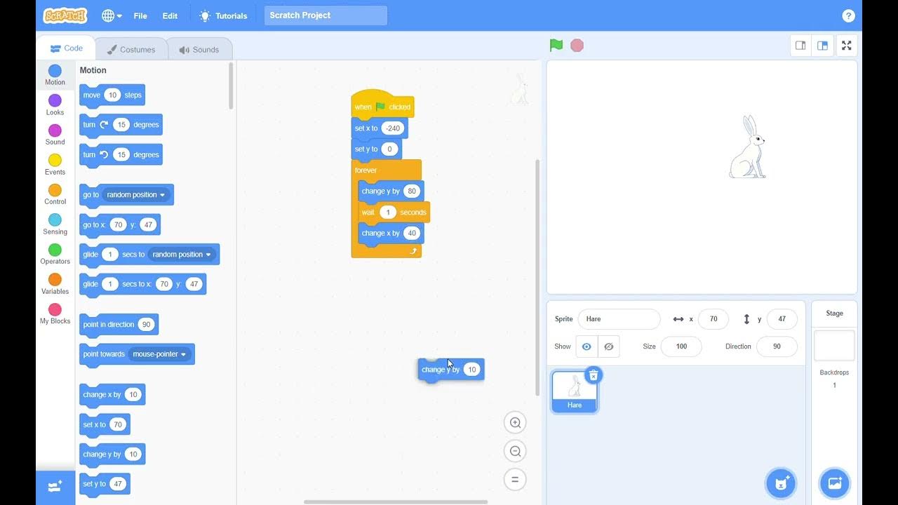 scratch tutorial on moving a sprite in a zig zag pattern - YouTube