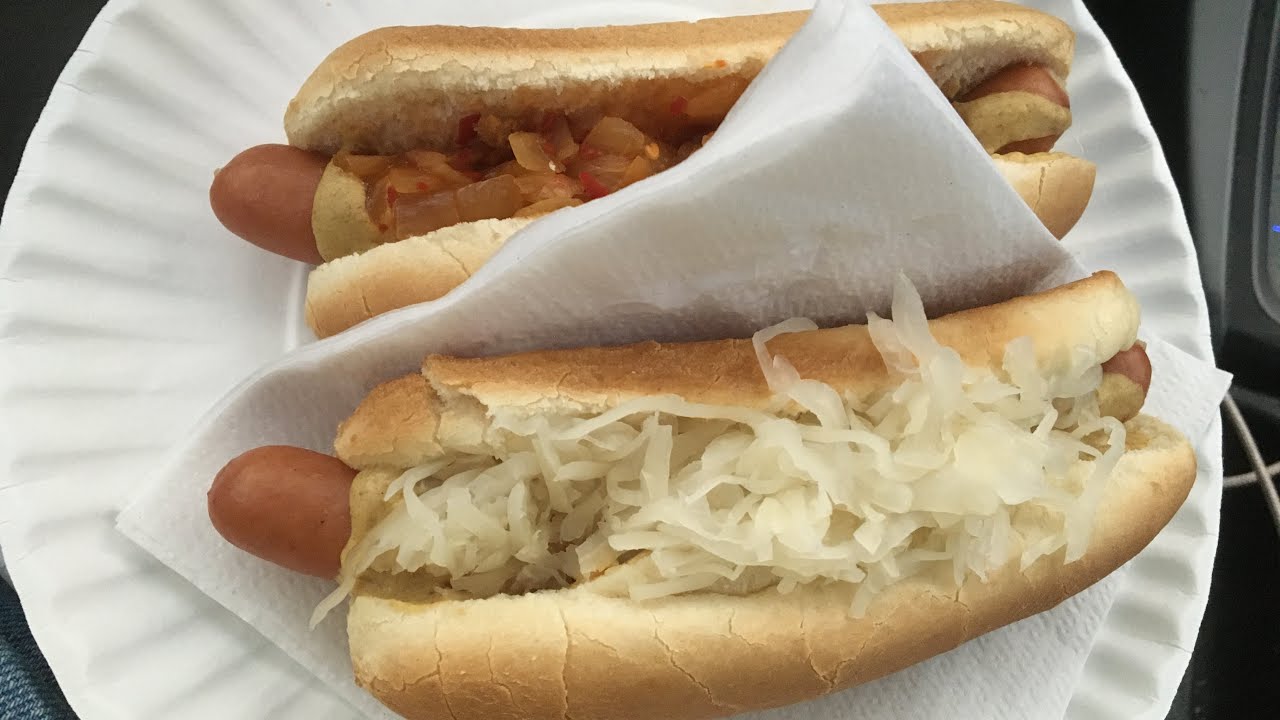 Sabrett Hot Dog Mustard With Onions And Sauerkraut - YouTube