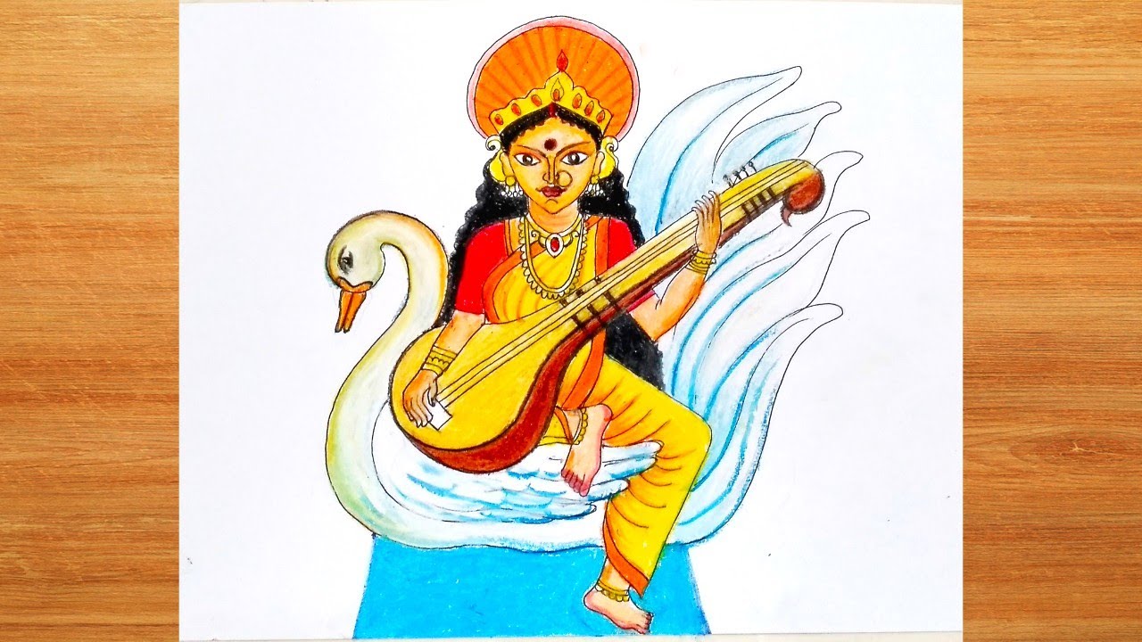 how to draw saraswati devi sitting on duck ,Bani bandana drawing and ...
