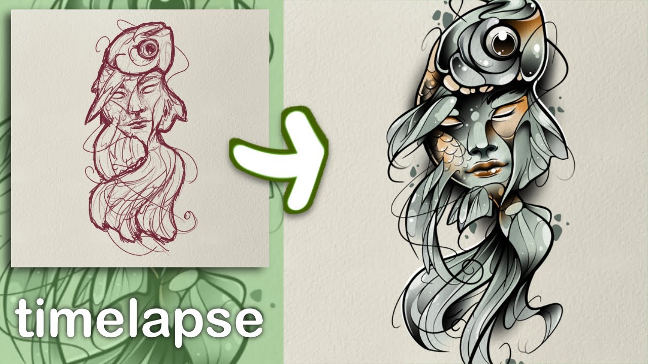 Timelapse - Fish Face Tattoo Design, Procreate - YouTube