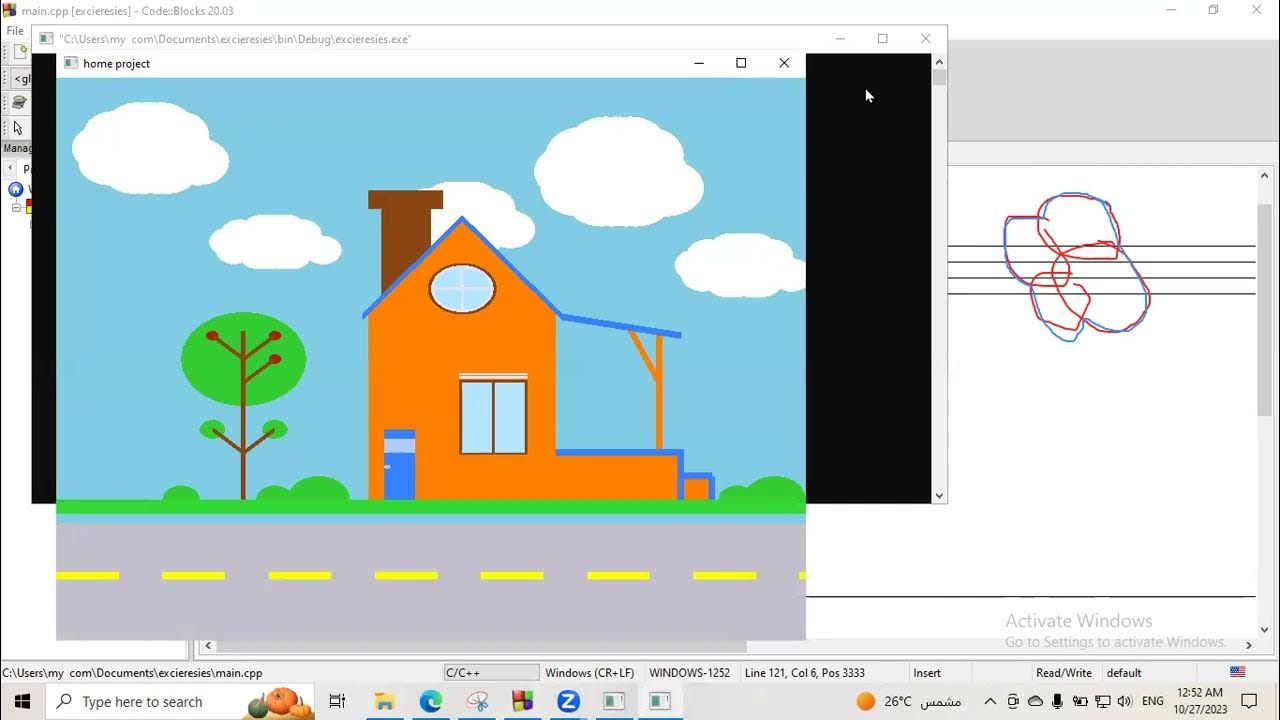 16 - OpenGL C مشروع رسم طريق و شجرة و سحاب و بيت الجزء الثاني نسخة معدلة 2 - YouTube