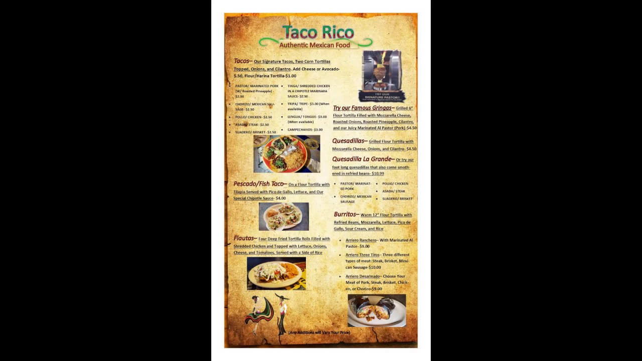 Taco Rico Menu - YouTube