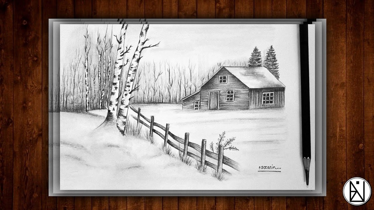 How to draw a winter landscape with birch tree and a cottage - YouTube