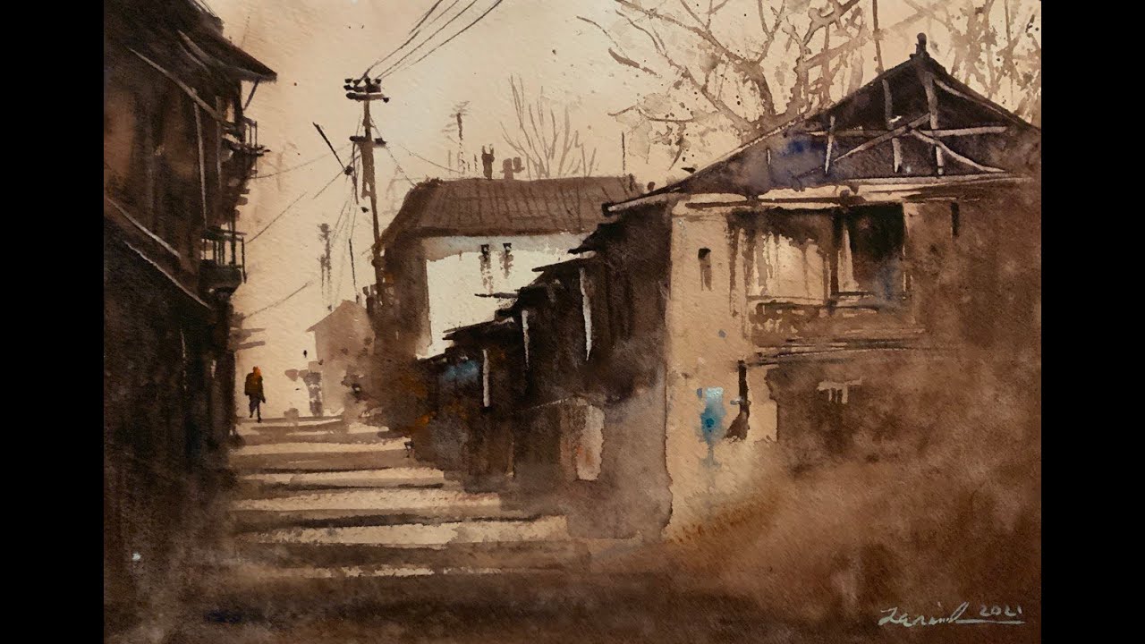 How to paint old village in watercolor painting - YouTube