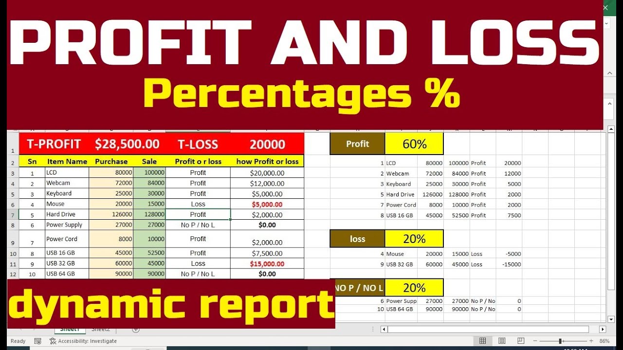 dynamic report with percentage profit and loss worksheet - YouTube